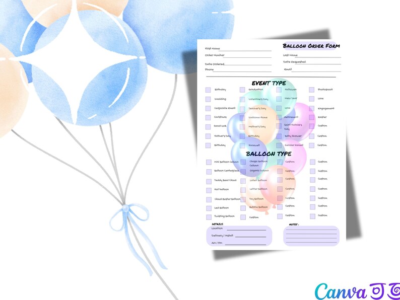 Editable Balloon Order Form Balloon Order Tracker Template Custom ...