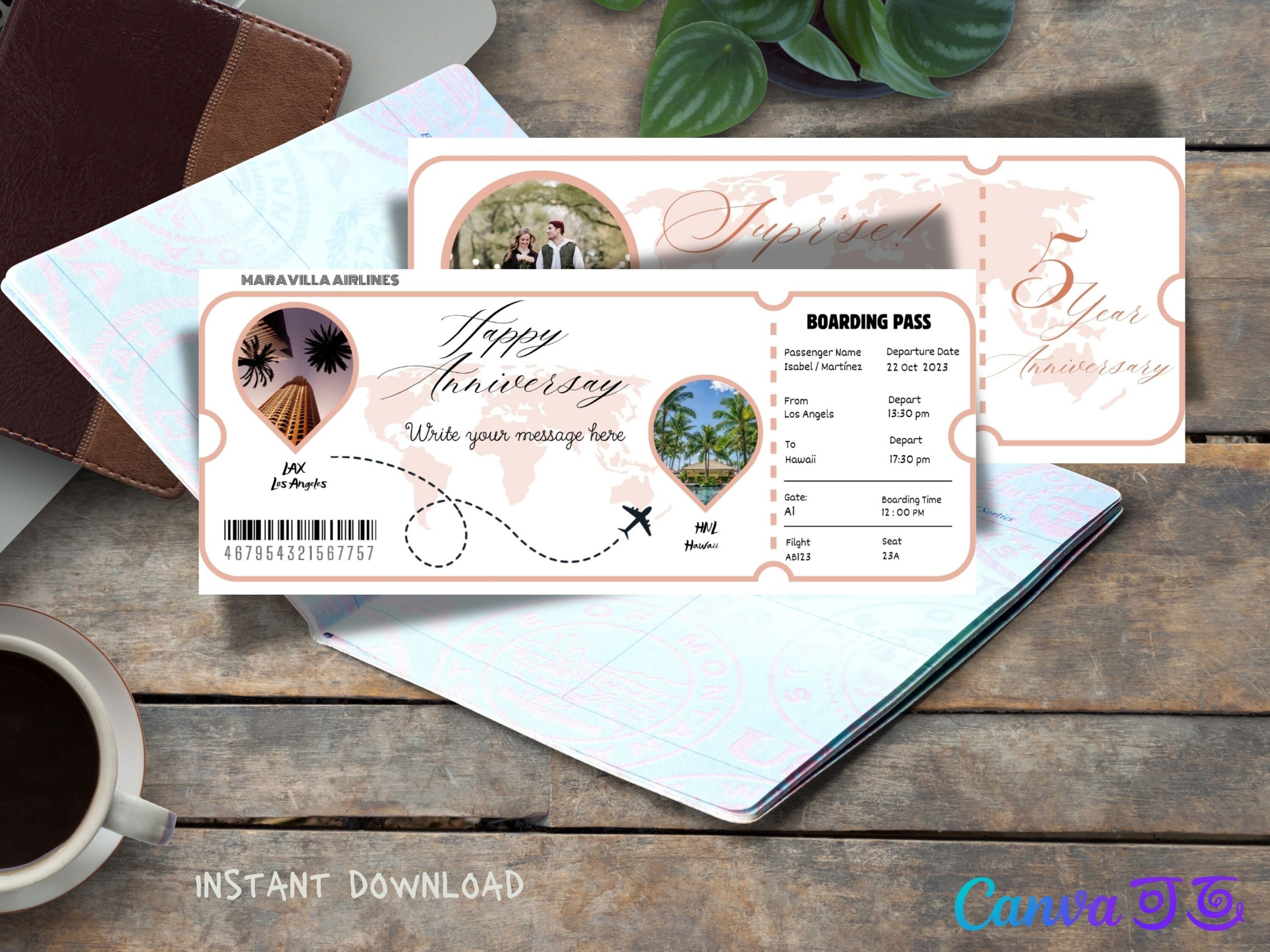 Happy Anniversary Boarding Pass Printable Airline Ticket Trip Reveal Printable Tickets ...