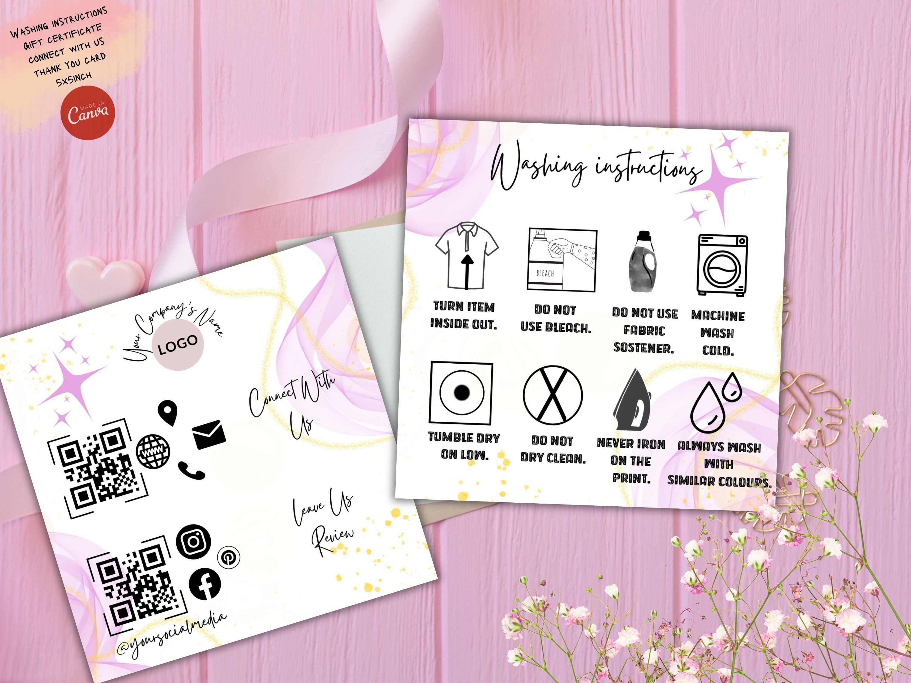Washing Instructions Template Gift Certificate Card Care Card Thank You ...