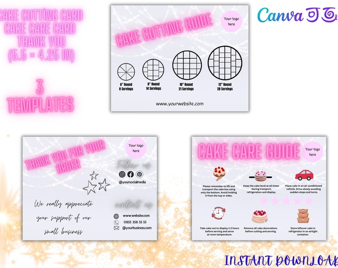 Cake Care Card, Cake Care Instructions, Cake Cutting Guide, Printable ...