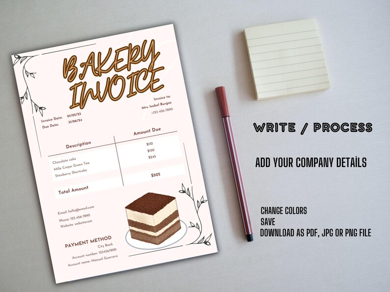 BAKERY INVOICE TEMPLATE, Editable Invoice Template for Small Business ...