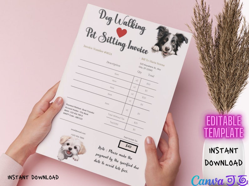 Pet Sitting Invoice Template for Dog Walking Pet Care Dog Grooming and ...