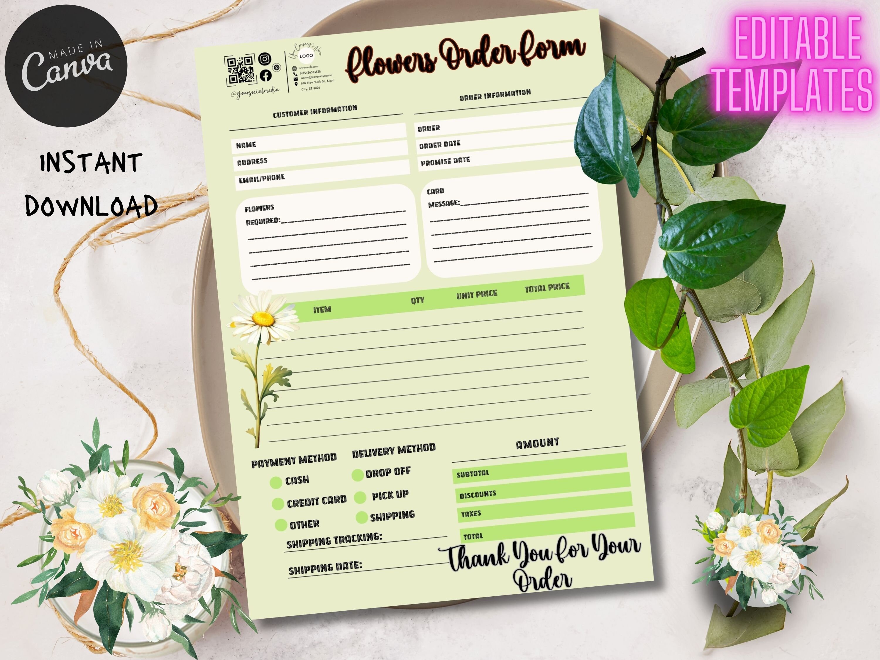 EDITABLE FLORIST ORDER Form Wedding Flowers Printable Flowers Order ...