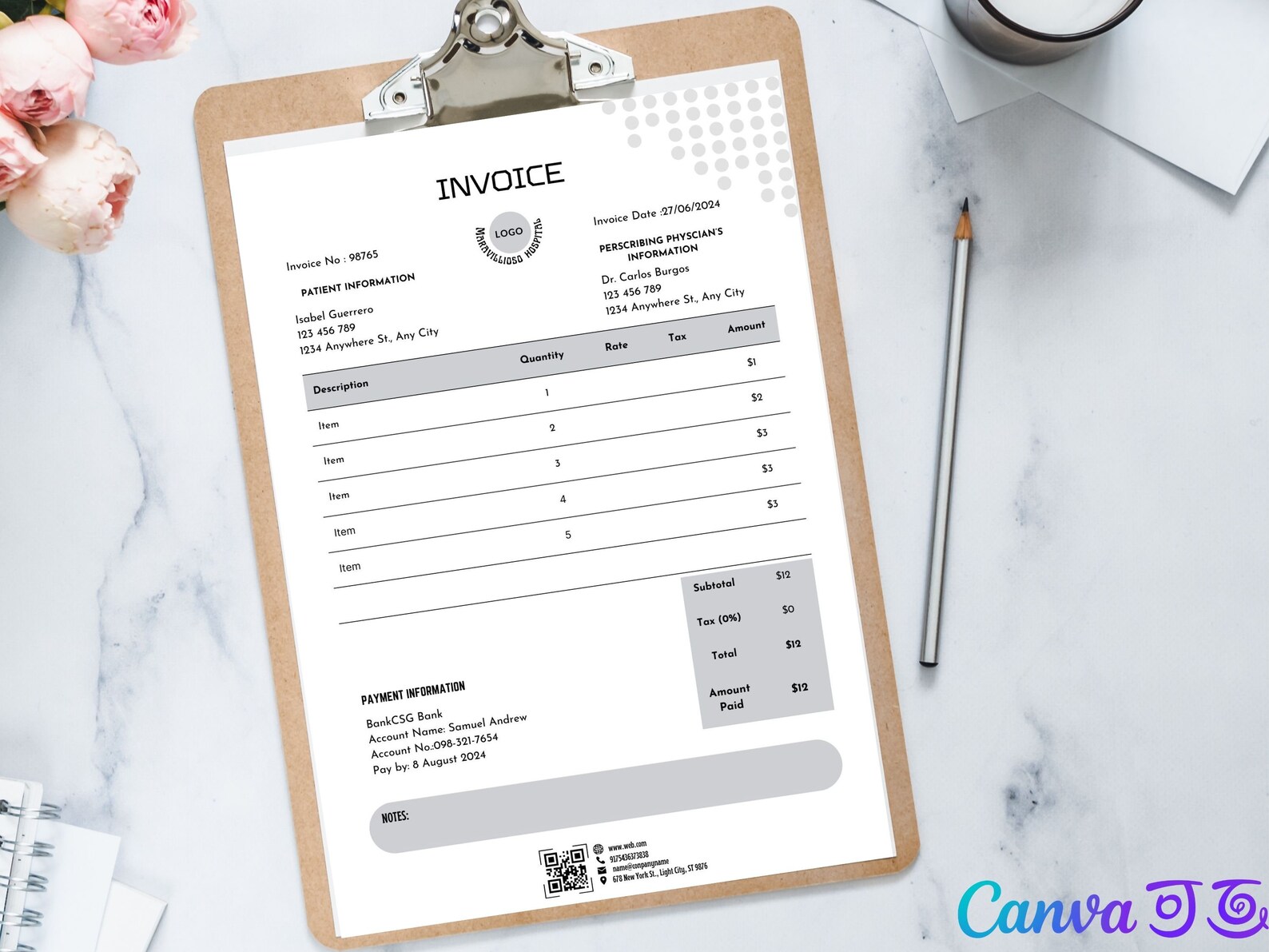 Editable Medical Invoice Template Minimalist Business Invoice Custom ...