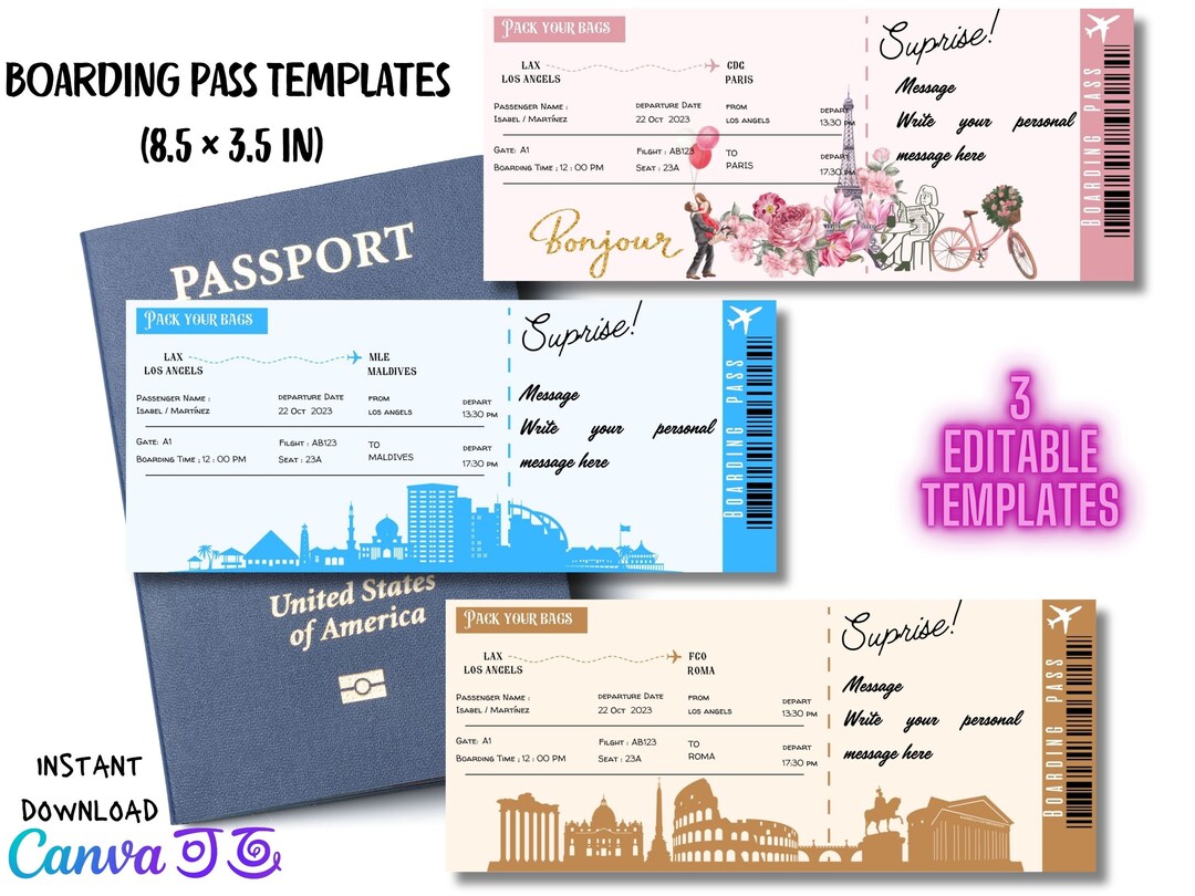 Editable Boarding Pass Template Canva Boarding Pass Surprise Trip ...