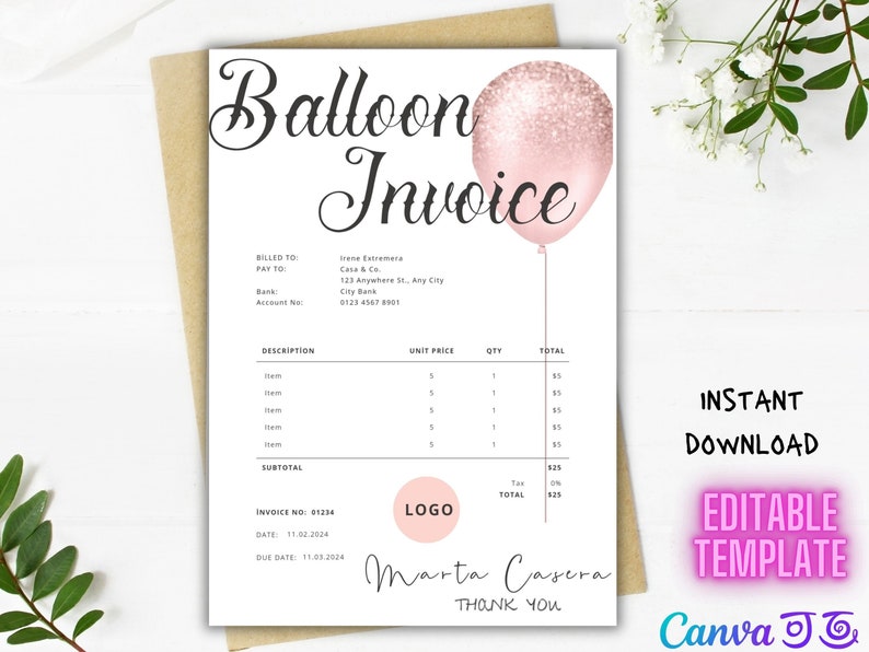 Balloon Invoice Template Receipt Template Business Template Printable ...