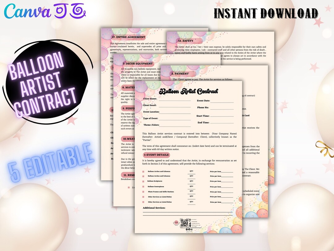 Editable Balloon Artist Contract Balloon Stylist Contract Editable ...