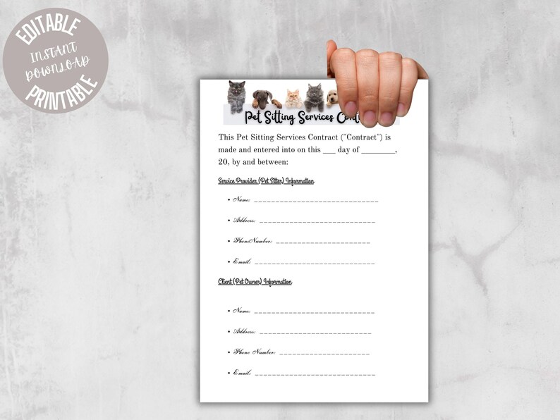 Editable Pet Sitting Contract | Instant Download Pet Care Form Pet ...
