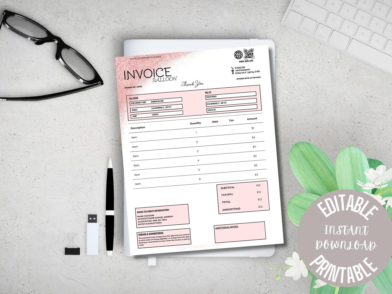 Balloon Business Invoice Template Editable PDF Customizable Balloon ...