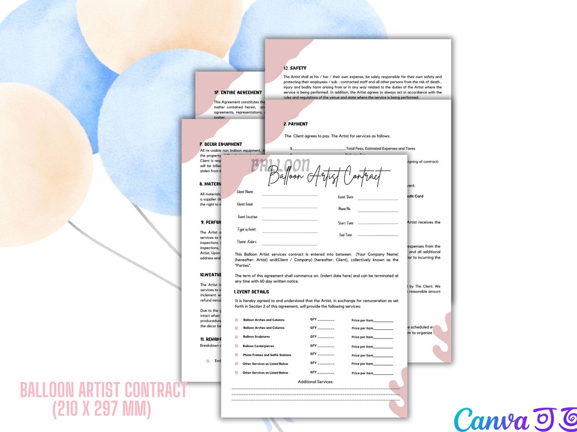 BALLOON Contract,editable Balloon Artist Contract Template,editable ...