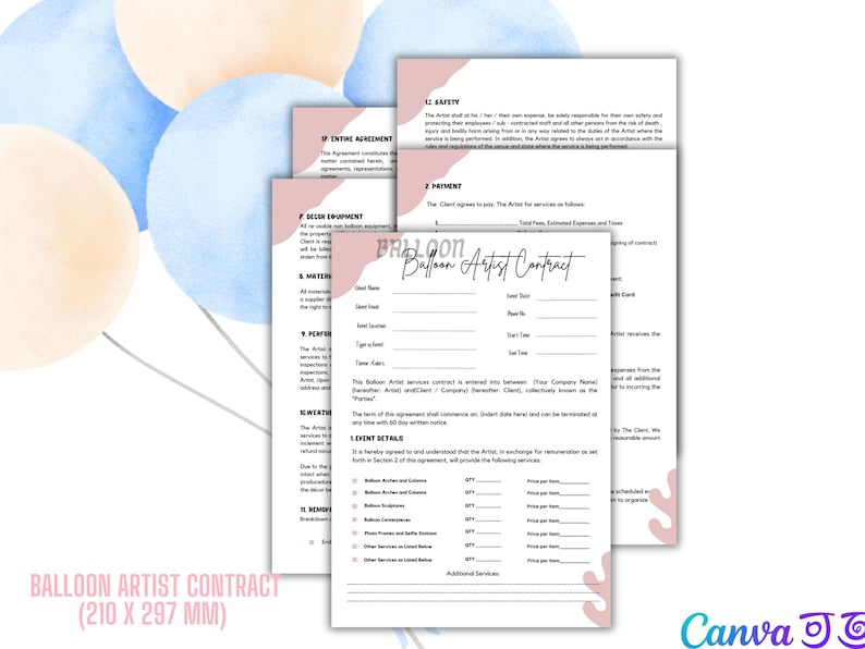 BALLOON Contract,editable Balloon Artist Contract Template,editable ...
