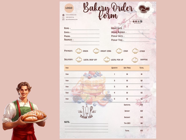 Bakery Order Form Editable Cake Order Form Printable Bakery Custom ...