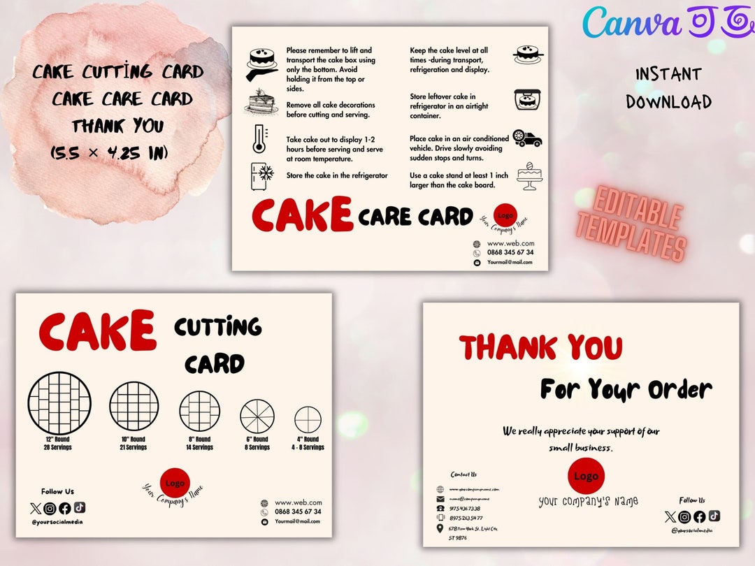 Editable Cake Care Card Template Cake Cutting Card Thank You Card Cake ...