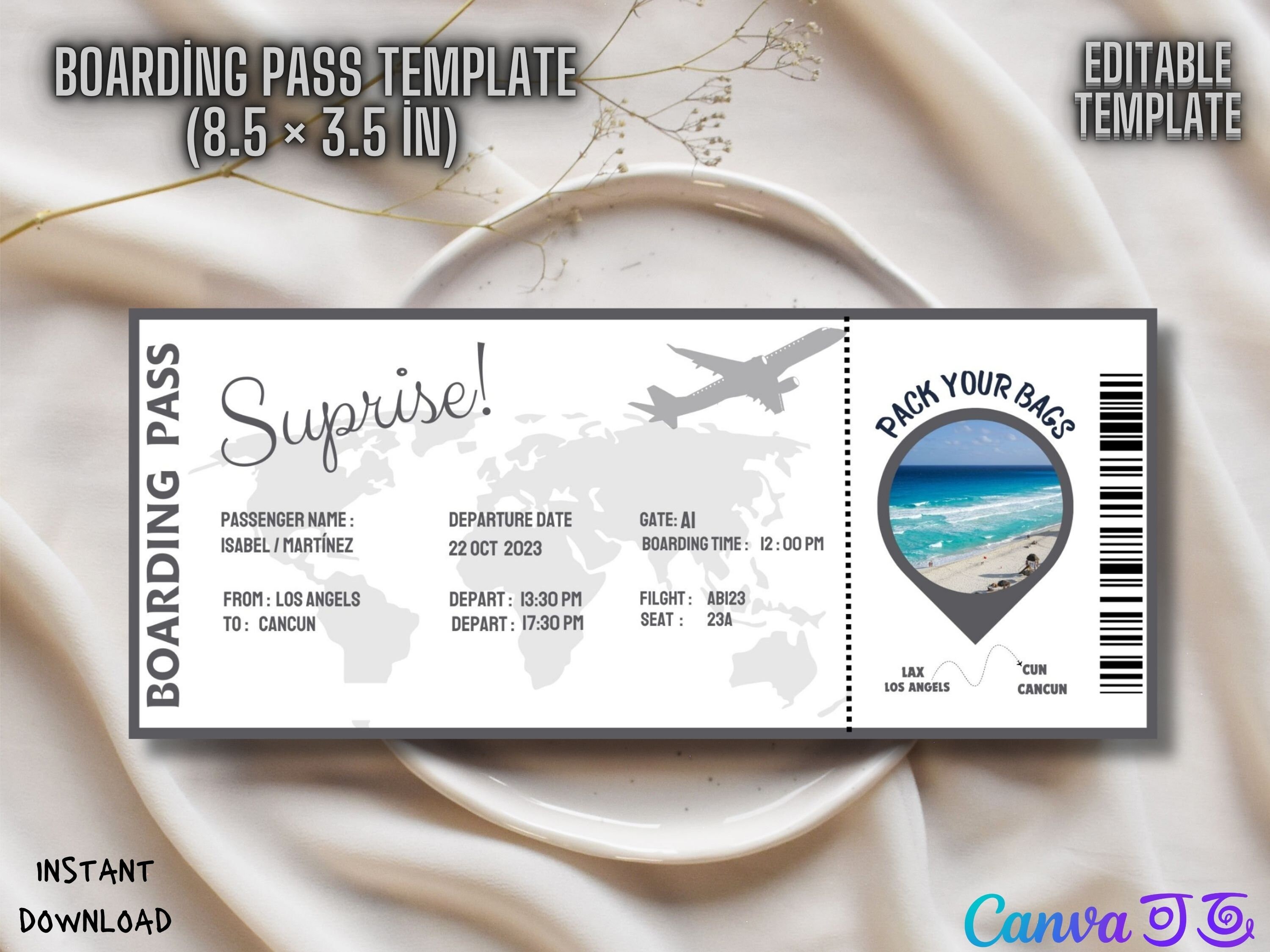 Editable Boarding Pass Template Printable Personalized Airline Ticket ...