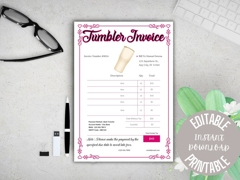 Editable Tumbler Invoice Template Editable Cup Invoice Sublimation ...