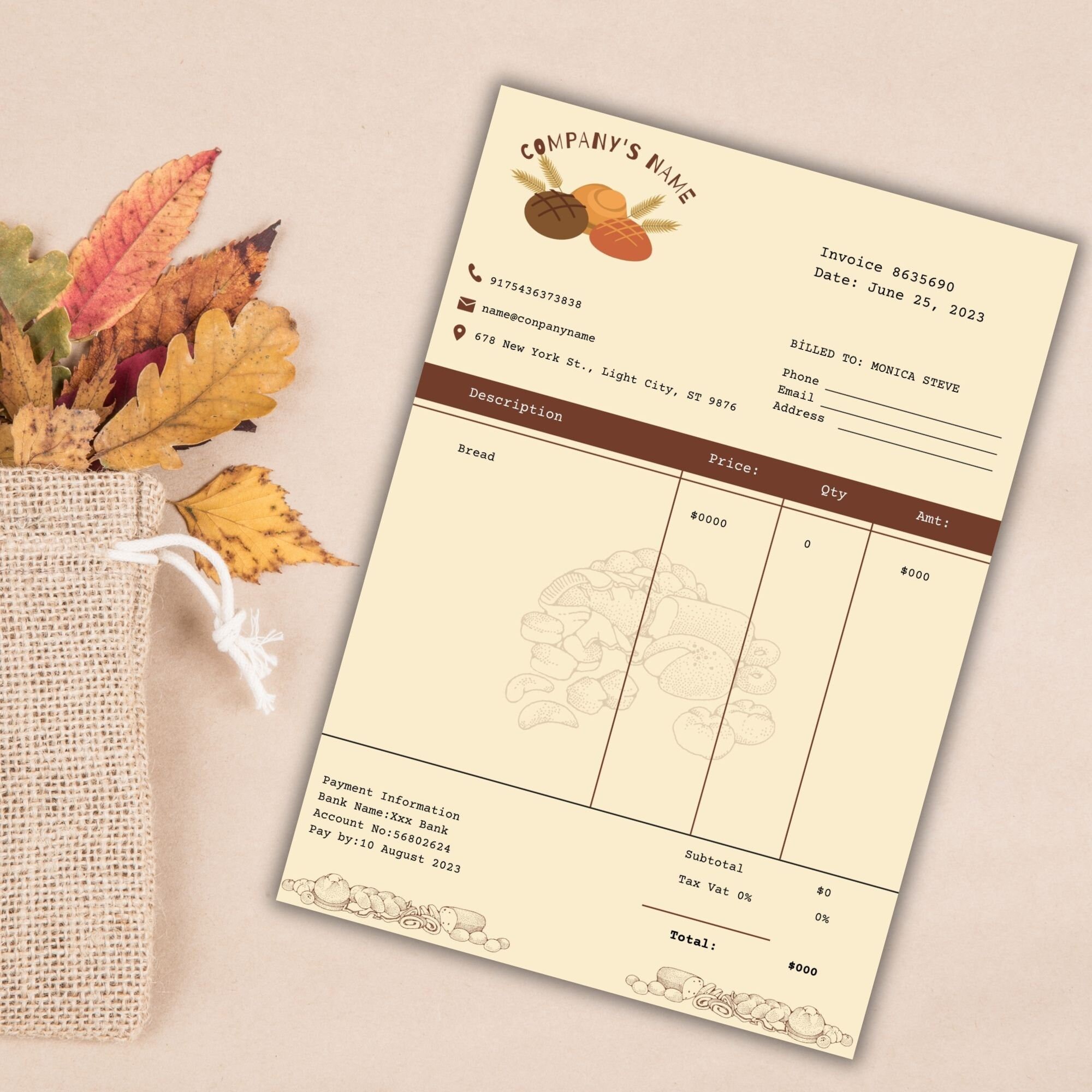 Bakery Invoice Template Receipt Template Business Template Printable ...
