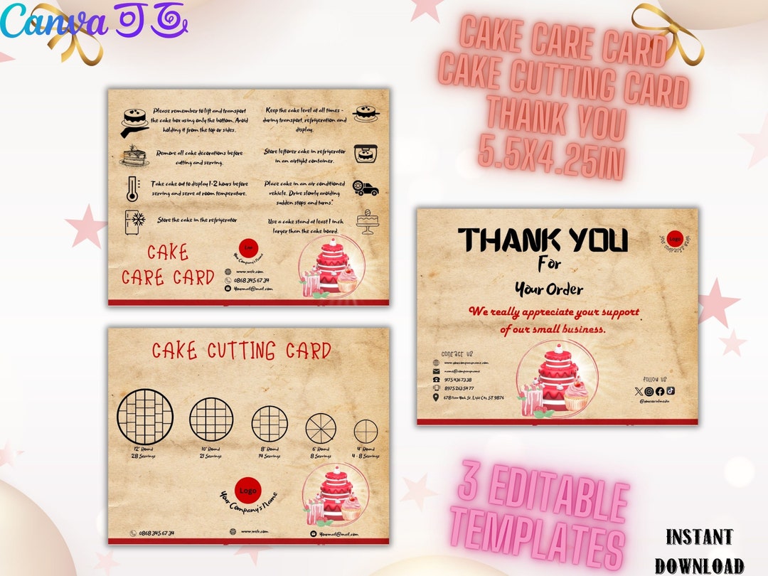 Cake Care Card Editable Cake Cutting Card Printable Thank You Card Cake ...