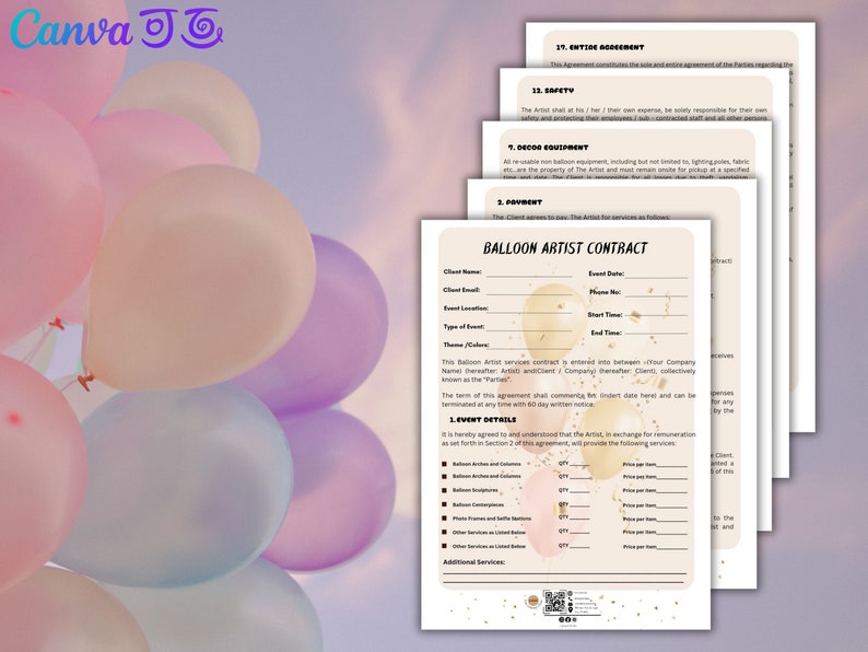 Editable Balloon Contract Printable Balloon Artist Contract Template ...