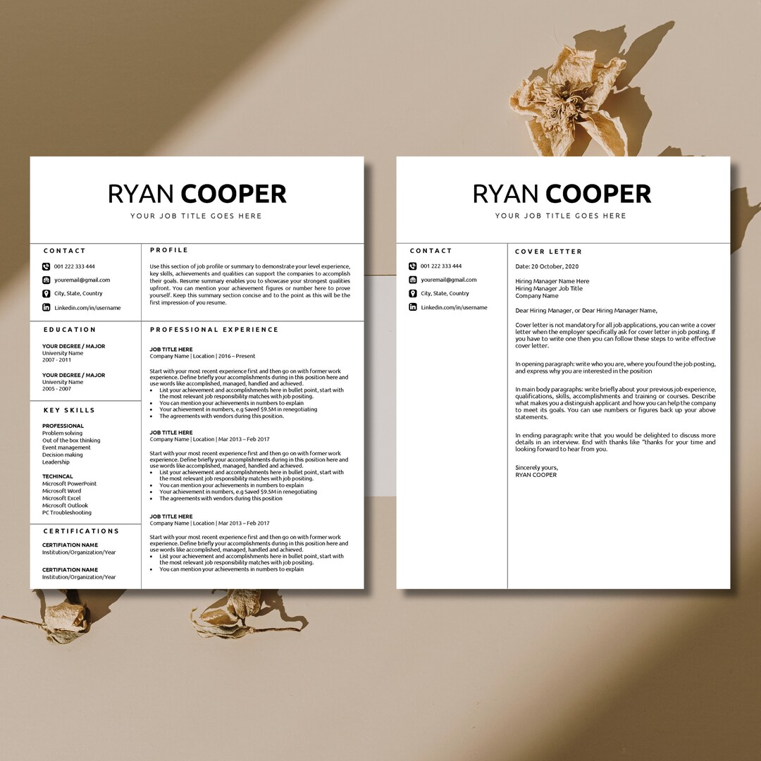 Clean Modern Resume Template 4 Page CV Template Cover - Etsy