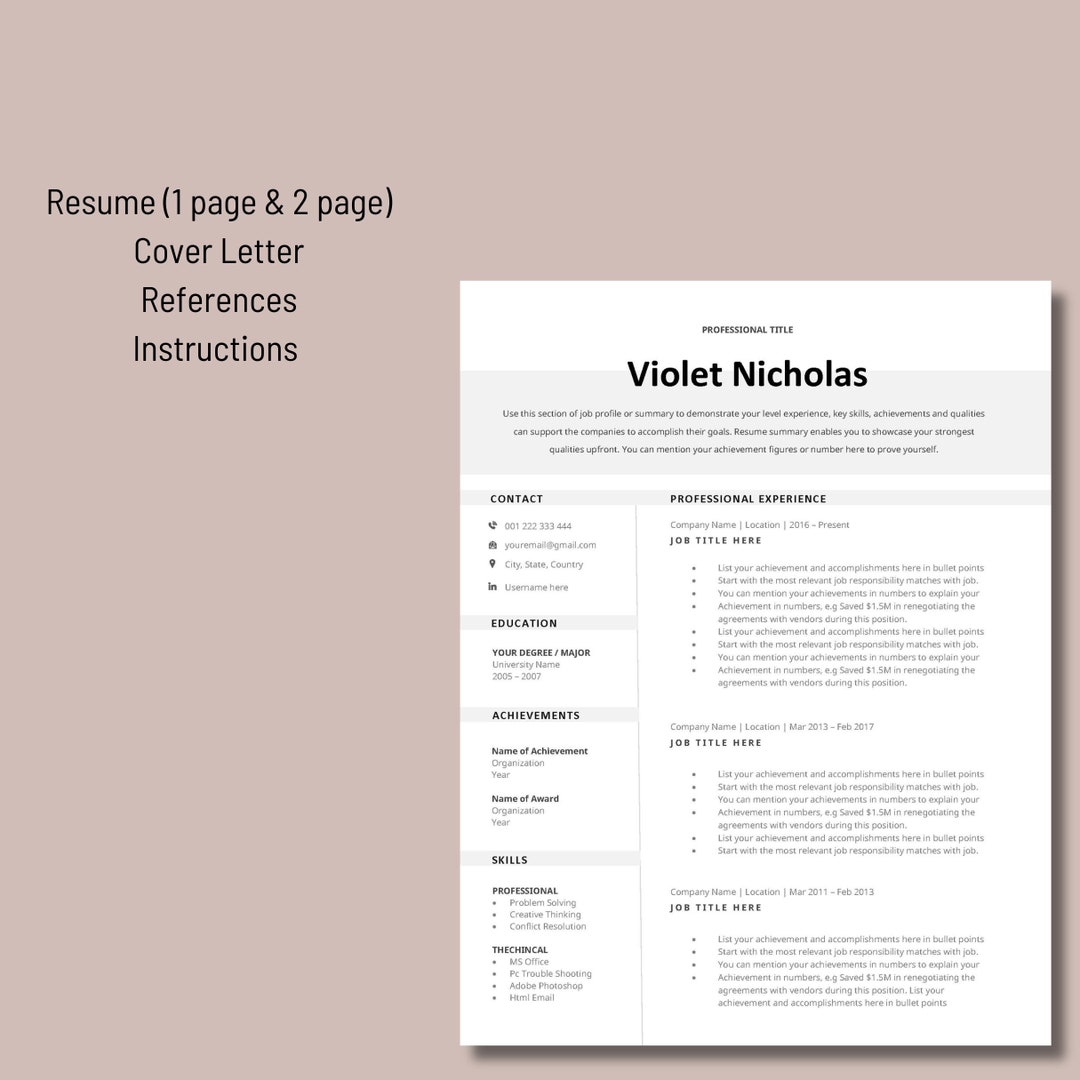 Clean Modern Resume Template 4 Page CV Template Cover - Etsy