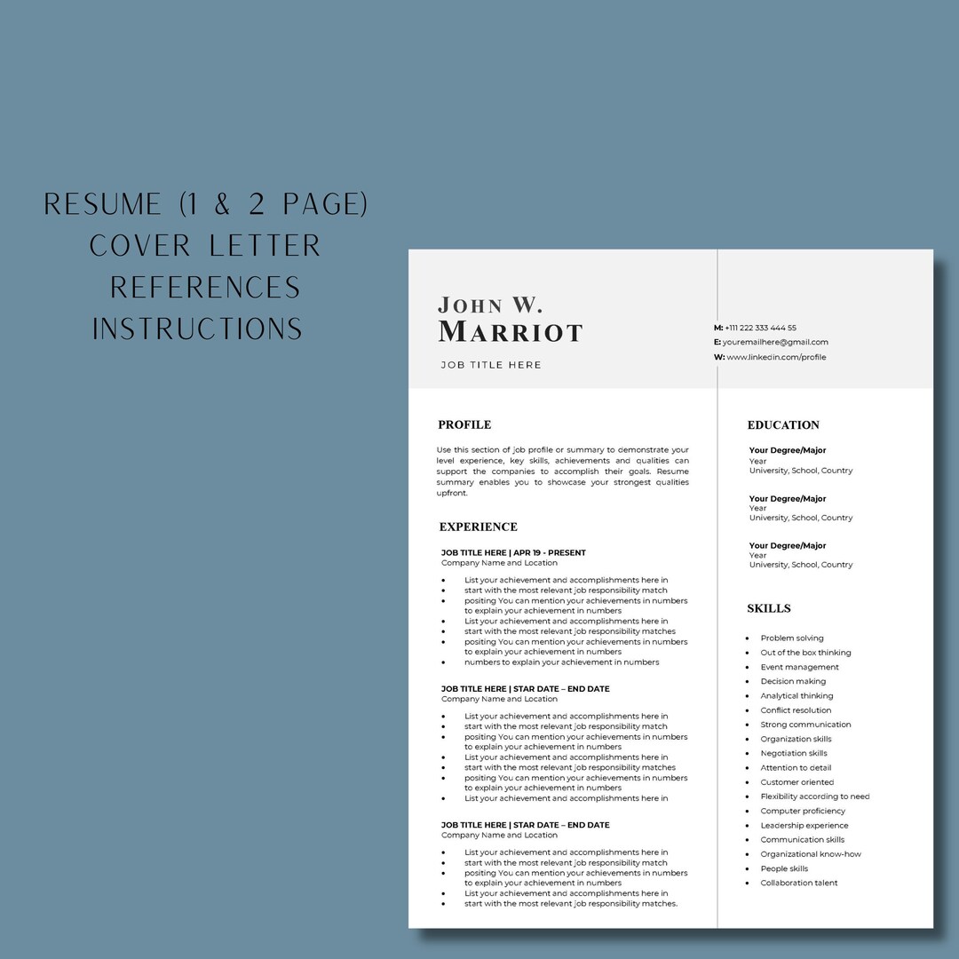 Clean Modern Resume Template 4 Page CV Template Cover Letter References ...