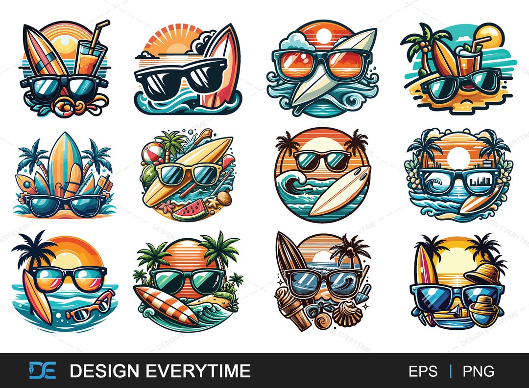 Sunglass Clipart With Surfing Board Bundle for Summer, Palm Trees ...