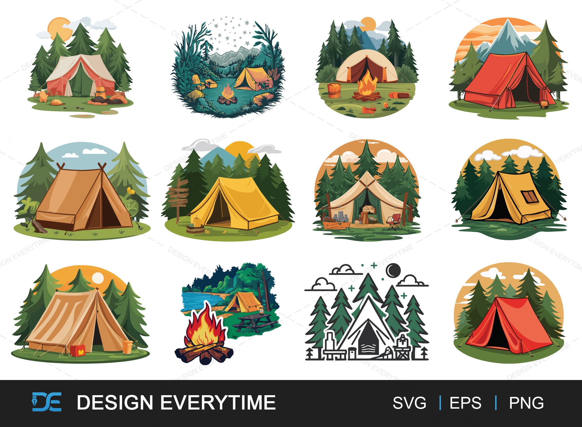 Camping Clipart Vector SVG Design, Outdoor Adventure Graphics, Camping ...