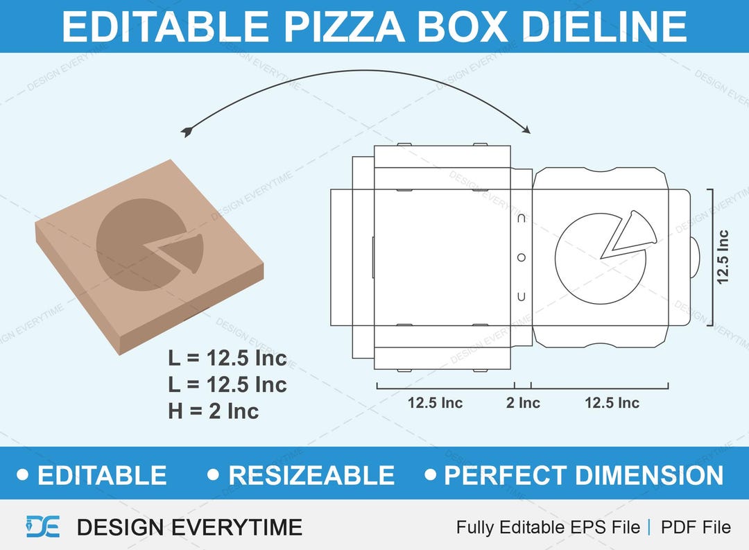 2 Editable Pizza Box Dieline Design, Resizable Die Cut Design for Pizza ...
