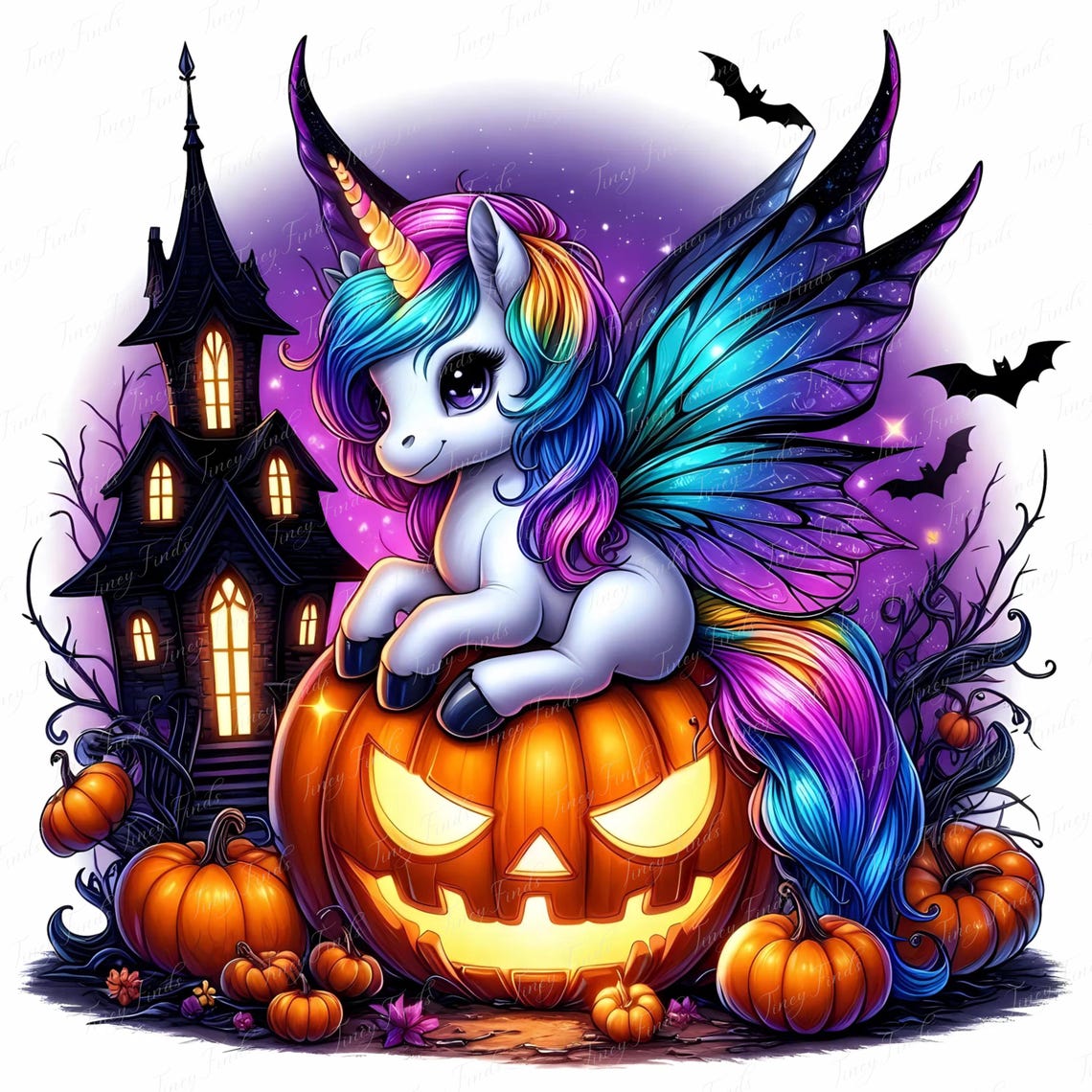 Dark Rainbow Halloween Unicorn Clipart: Glowing Fairy Wings (digital ...