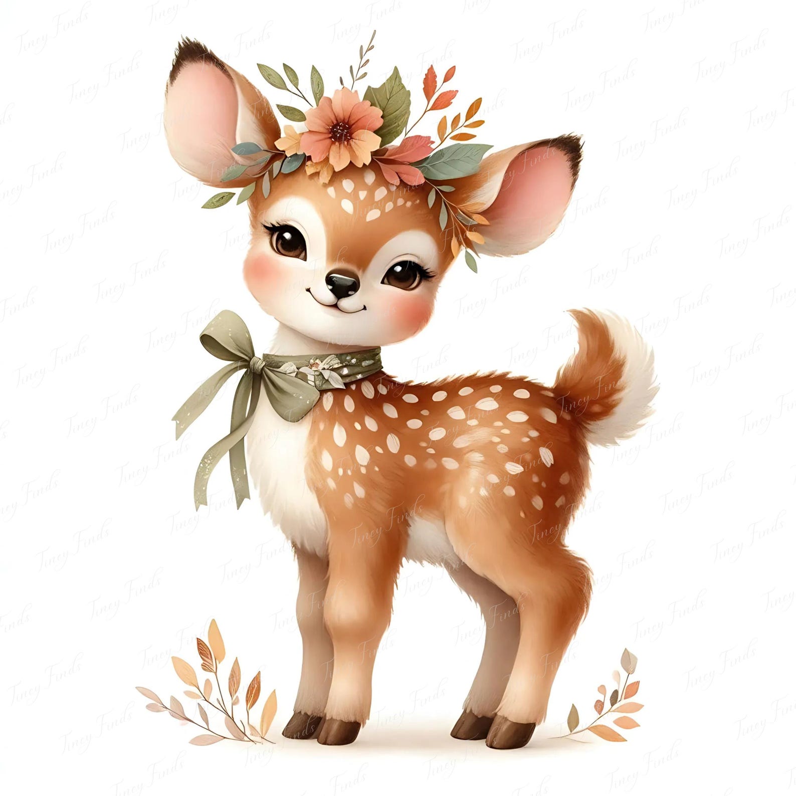 Woodland Baby Fawn Clipart JPEG | Cute Forest Deer With Leaves ...