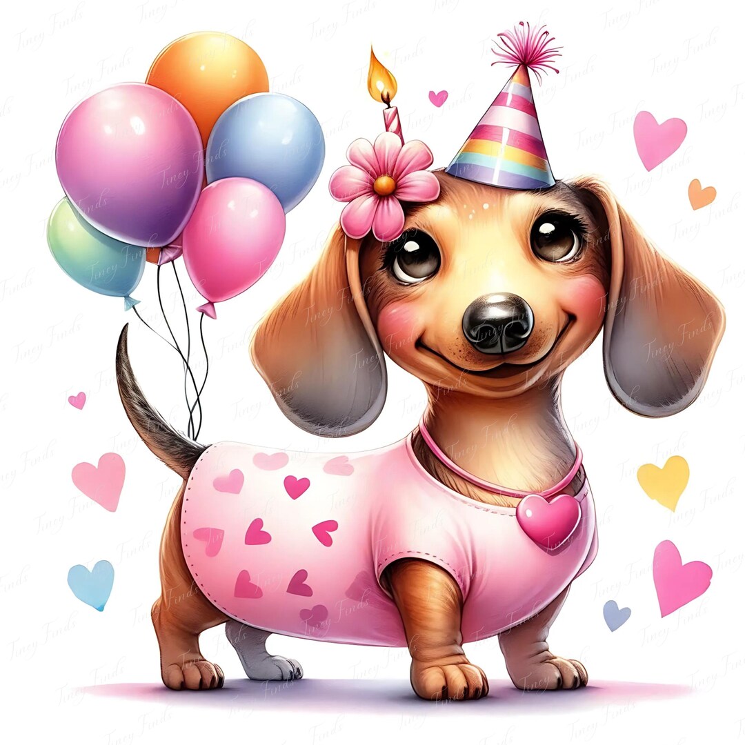 Dackel Geburtstag Clipart: Welpe Party Art im rosa Kleid (12 JPEG ...