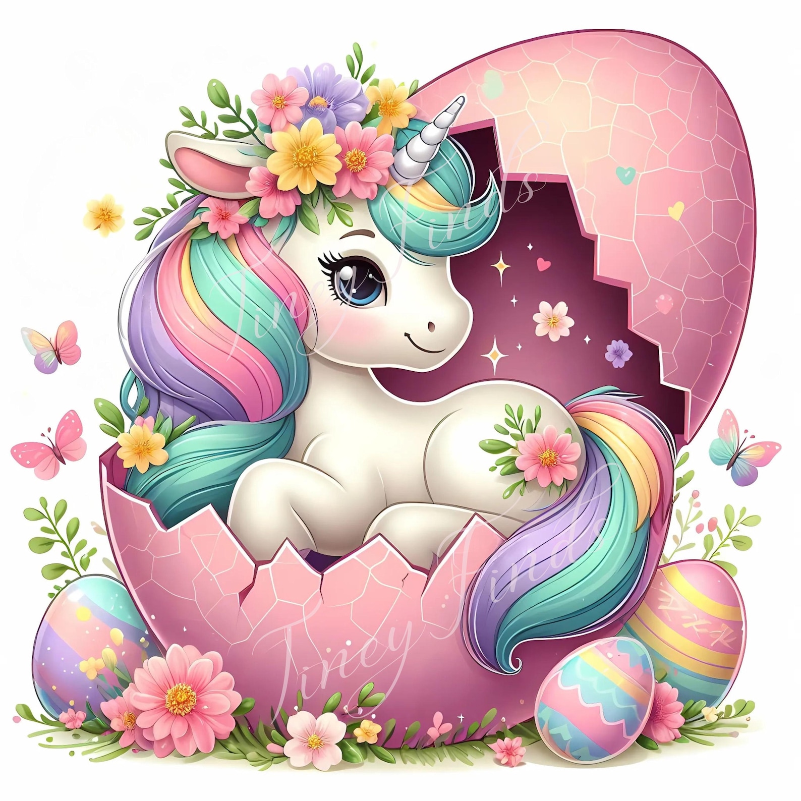 Easter Unicorn Clipart Set: Pink Floral Egg, Rainbow Hair (digital ...