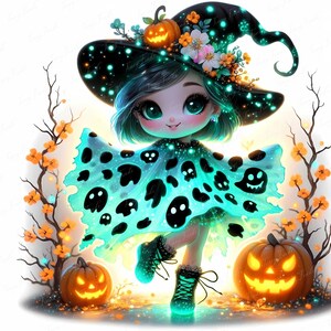 Kawaii Halloween Witch Clipart Bundle: Pumpkins, Teal Dress (digital ...
