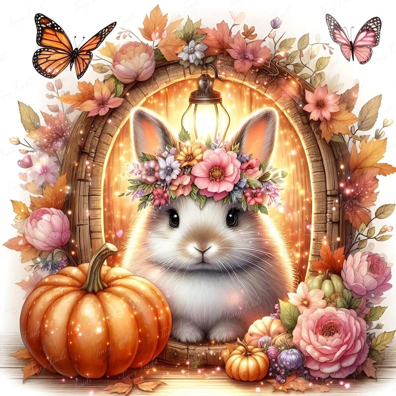 Autumn Bunny Clipart Bundle: Floral Pumpkin, Woodland Animals (digital ...