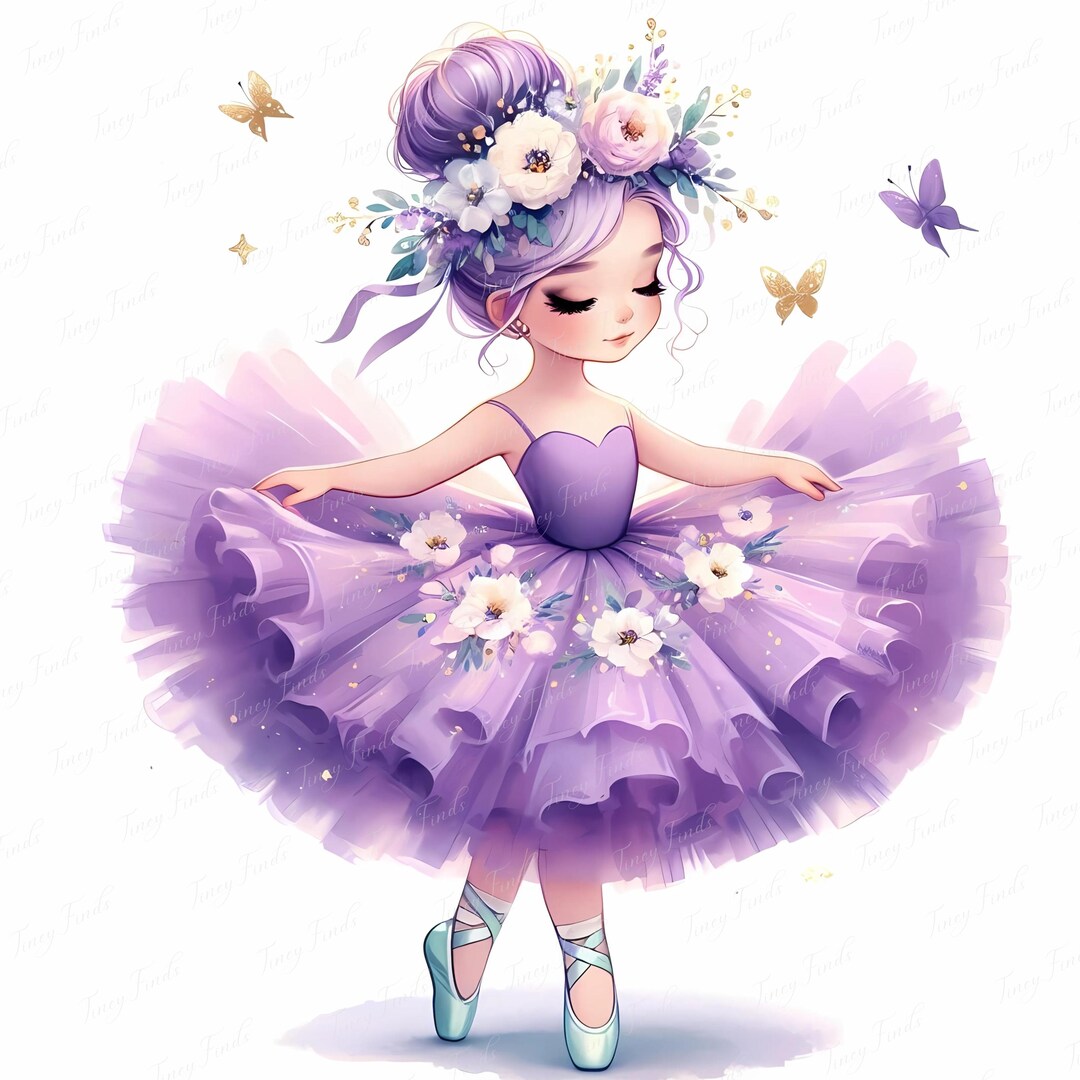 Purple Ballerina Girl Clip Art: Floral Tutu Ballet Dancer (digital ...