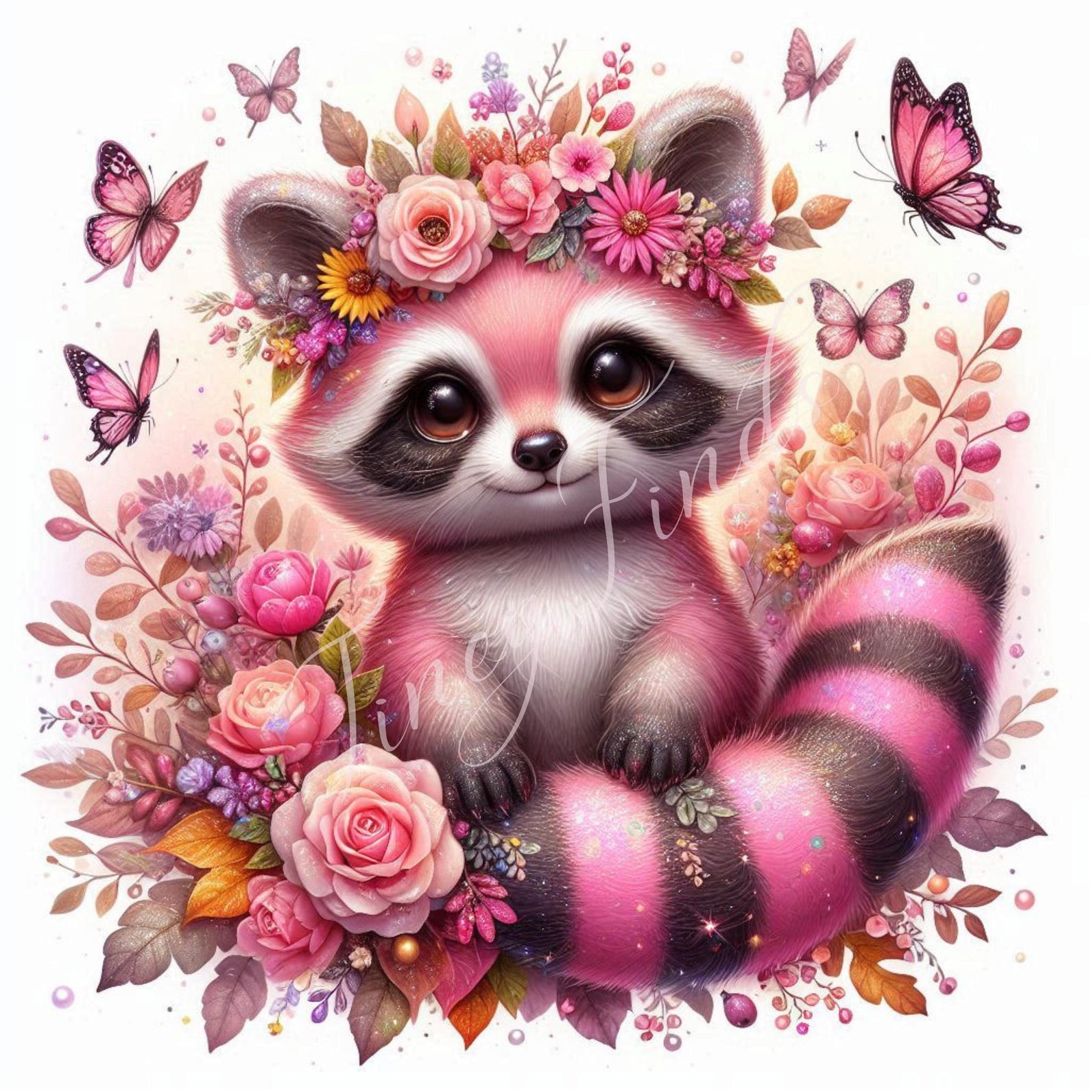 10 Set of Clipart Cute Pink Raccoon Adorn With Florals, Adorable ...