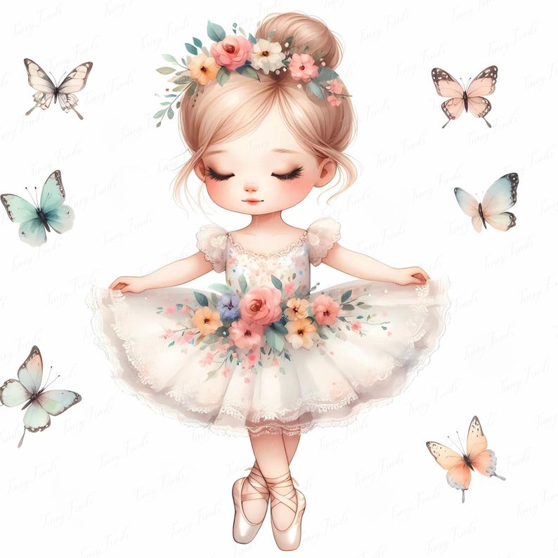 Vintage Ballerina Girl Clipart With Butterflies 12 JPEG | Floral Ballet ...