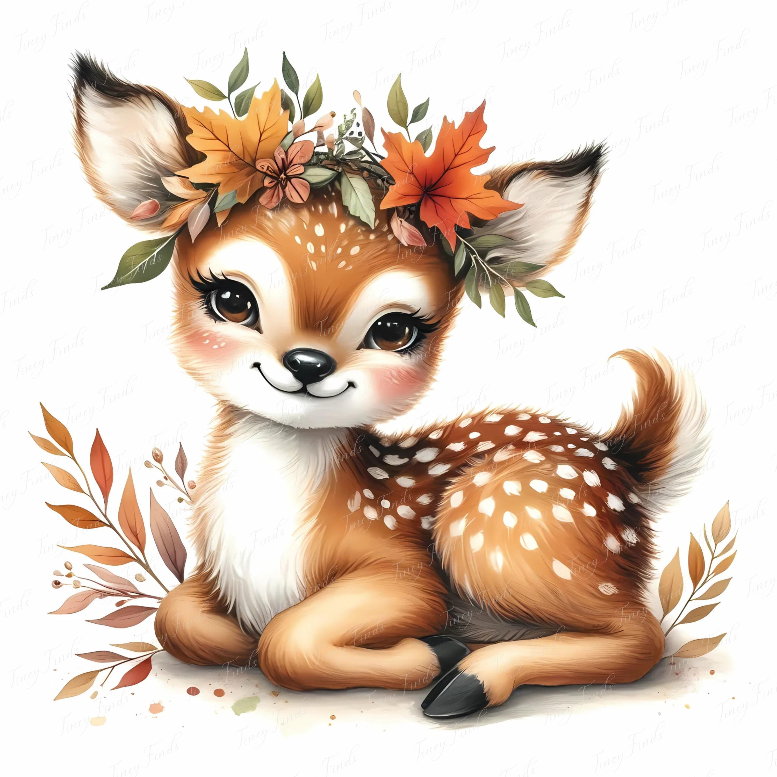 Woodland Baby Fawn Clipart JPEG | Cute Forest Deer With Leaves ...
