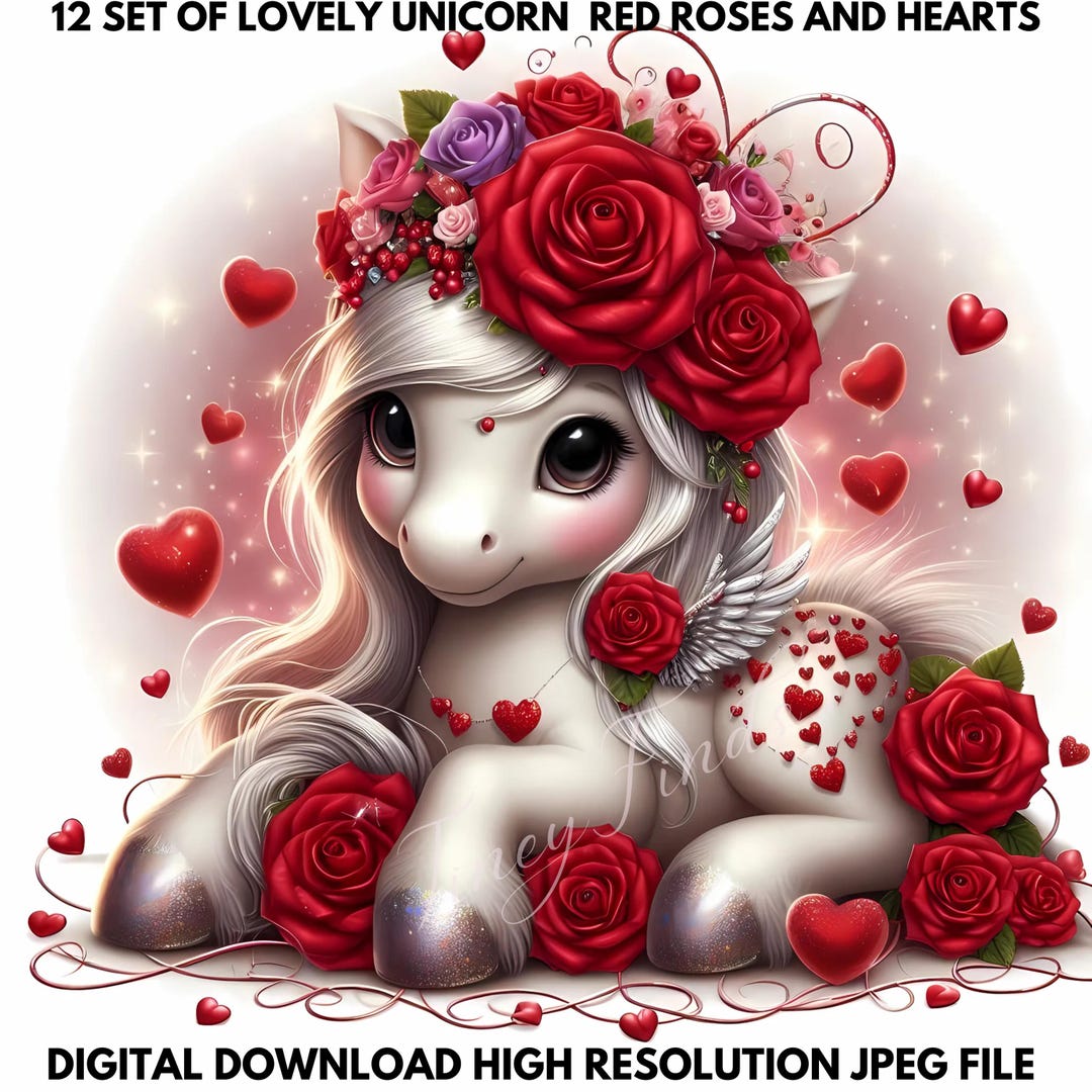 12 Set of Magical Unicorn Clipart With Roses and Heart Details JPEG ...