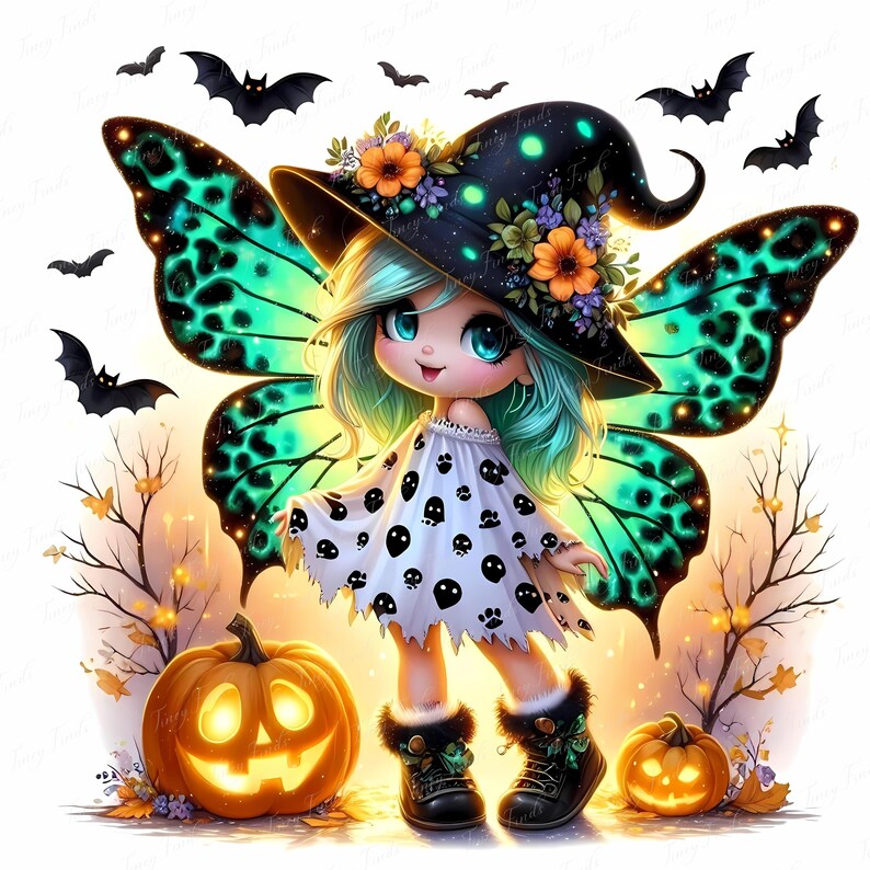 Halloween Fairy Witch Clipart Bundle: Pumpkins, Bats, Floral Hat ...