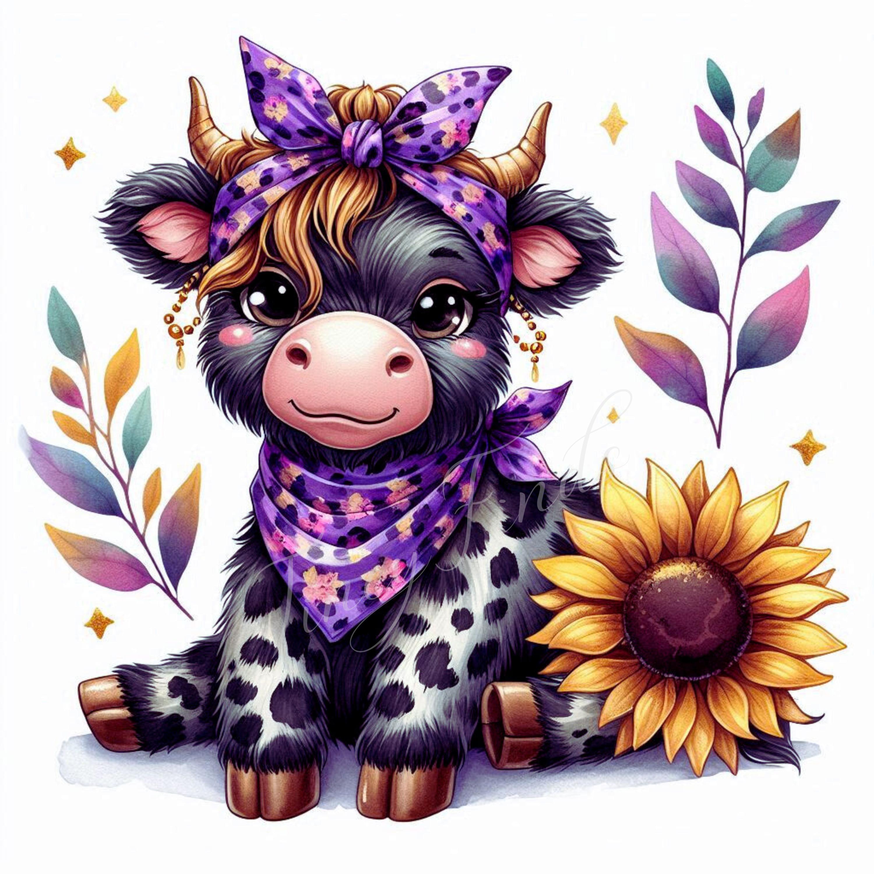Purple Highland Cow Clipart: Leopard Print, Bow & Sunflowers (digital ...