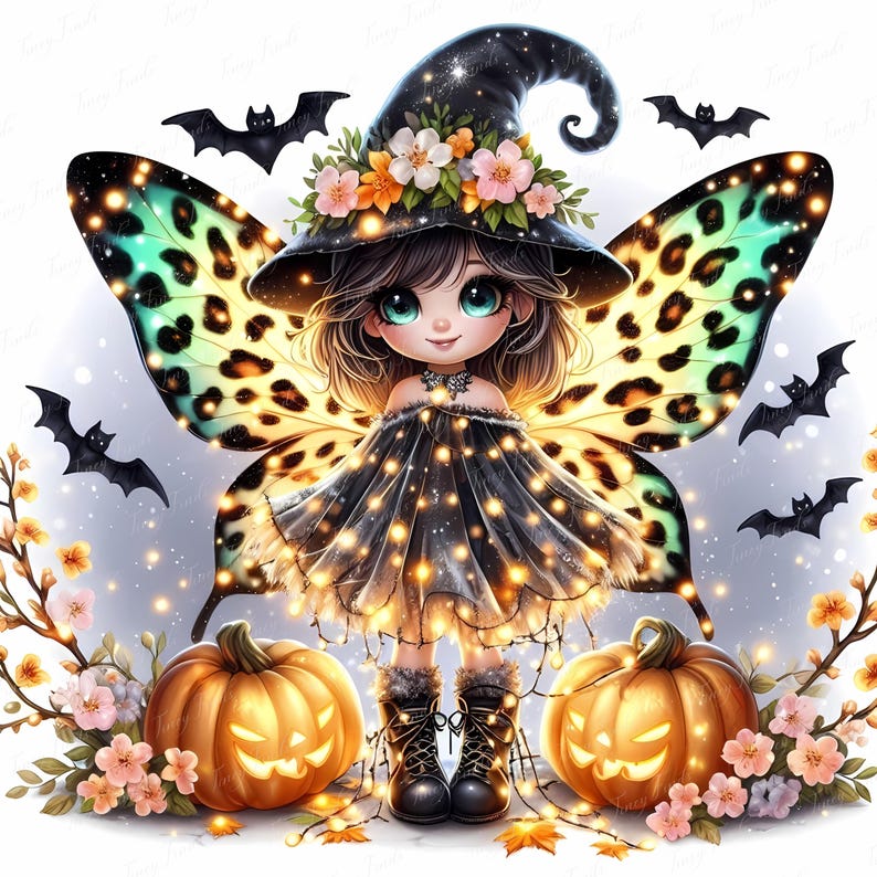Halloween Fairy Witch Clipart Bundle: Pumpkins, Bats, Floral Hat ...