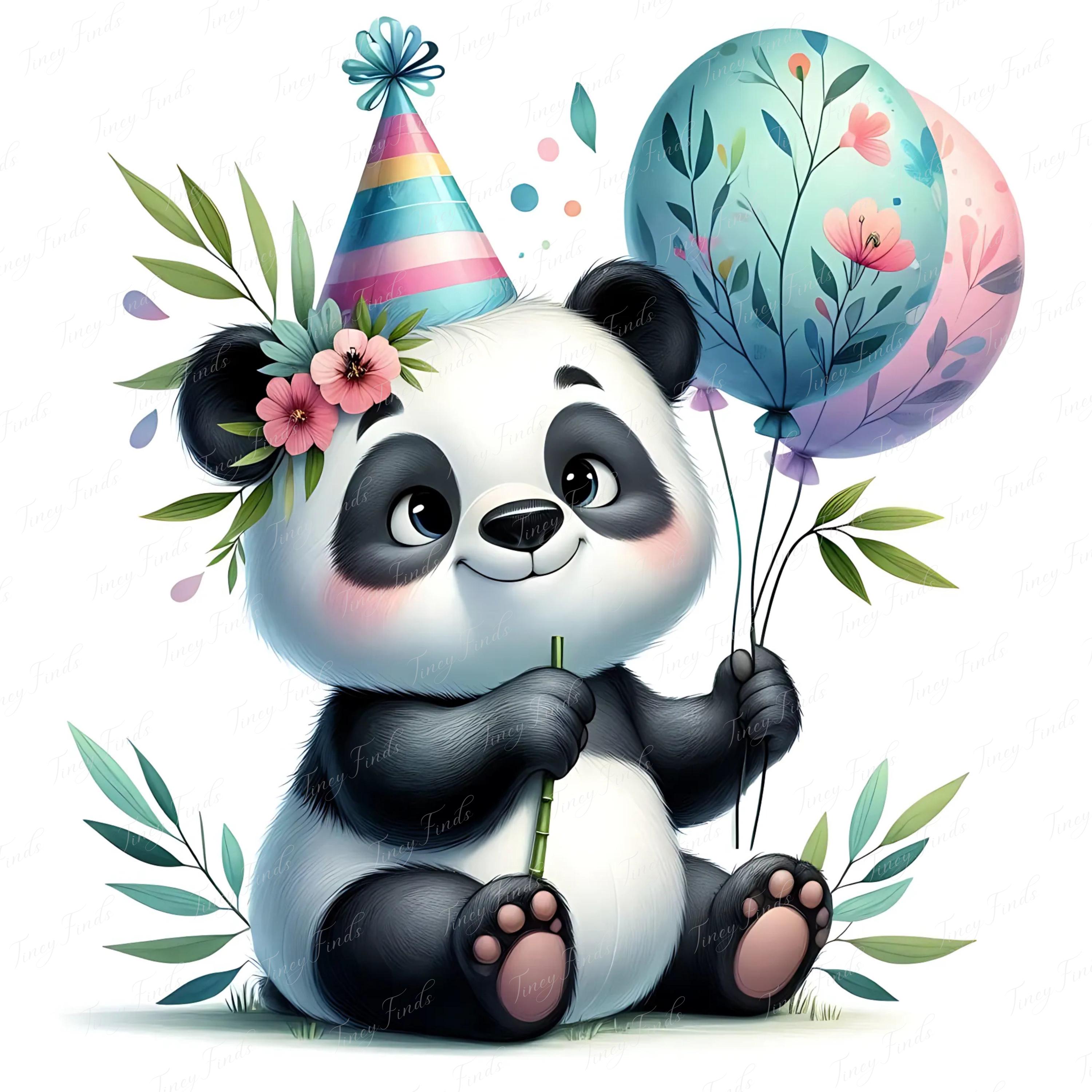 Watercolor Panda Birthday Clipart | Cute Panda With Balloons and Bamboo ...