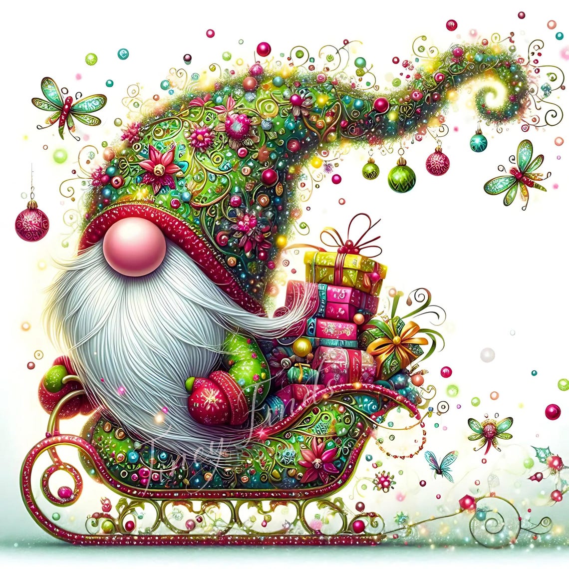 Christmas Gnome Clipart: Festive Green Gnomes Sleighing (digital ...