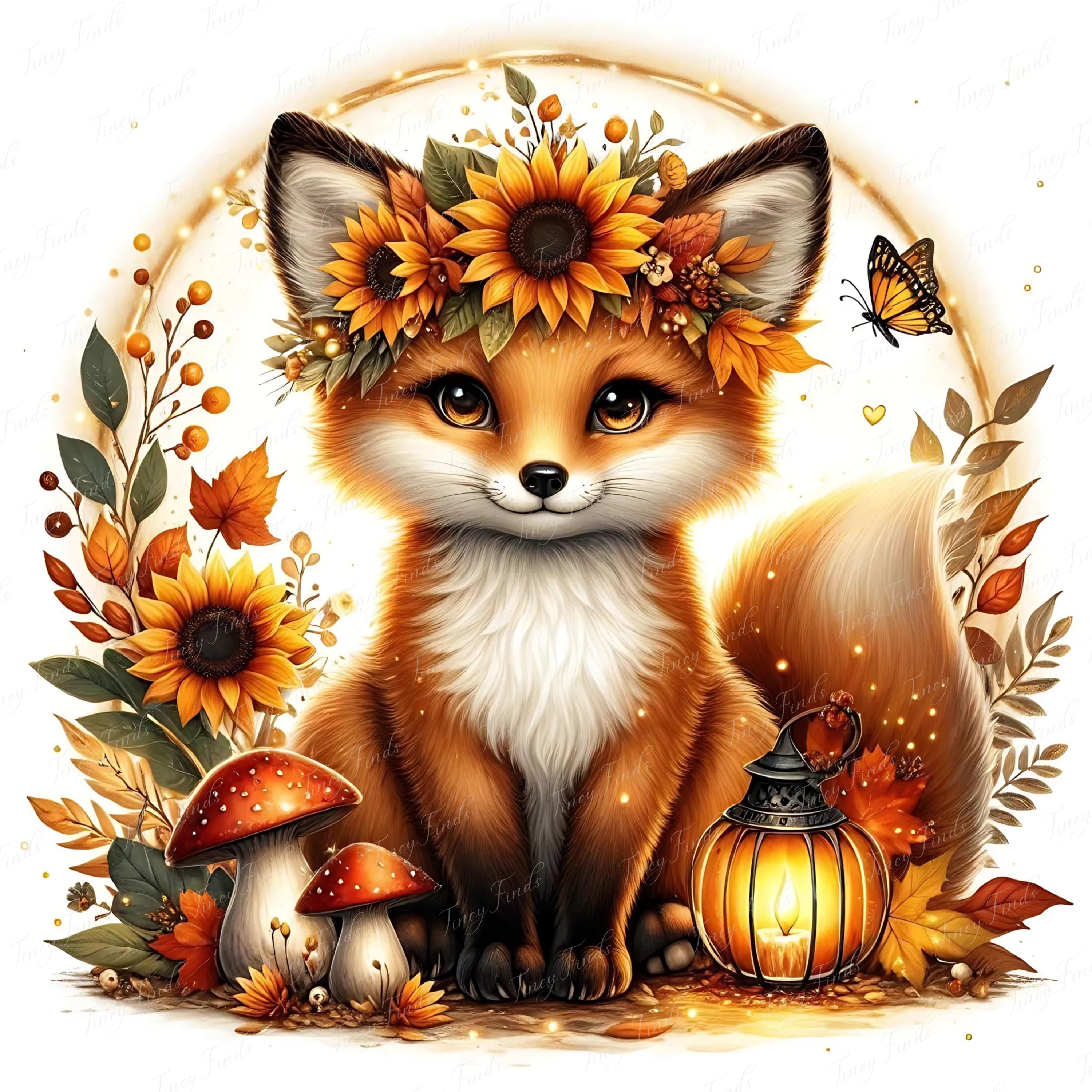 Autumn Fox Clipart: Sunflower Fawn, Lantern, Mushroom Graphics (JPEG ...