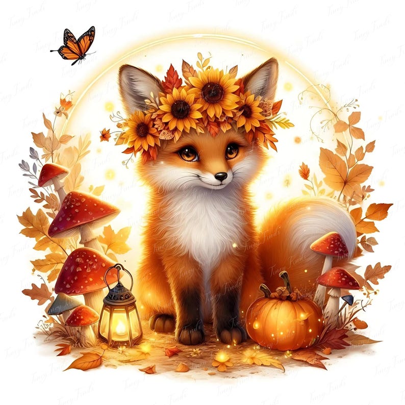 Autumn Fox Clipart: Sunflower Fawn, Lantern, Mushroom Graphics (JPEG ...