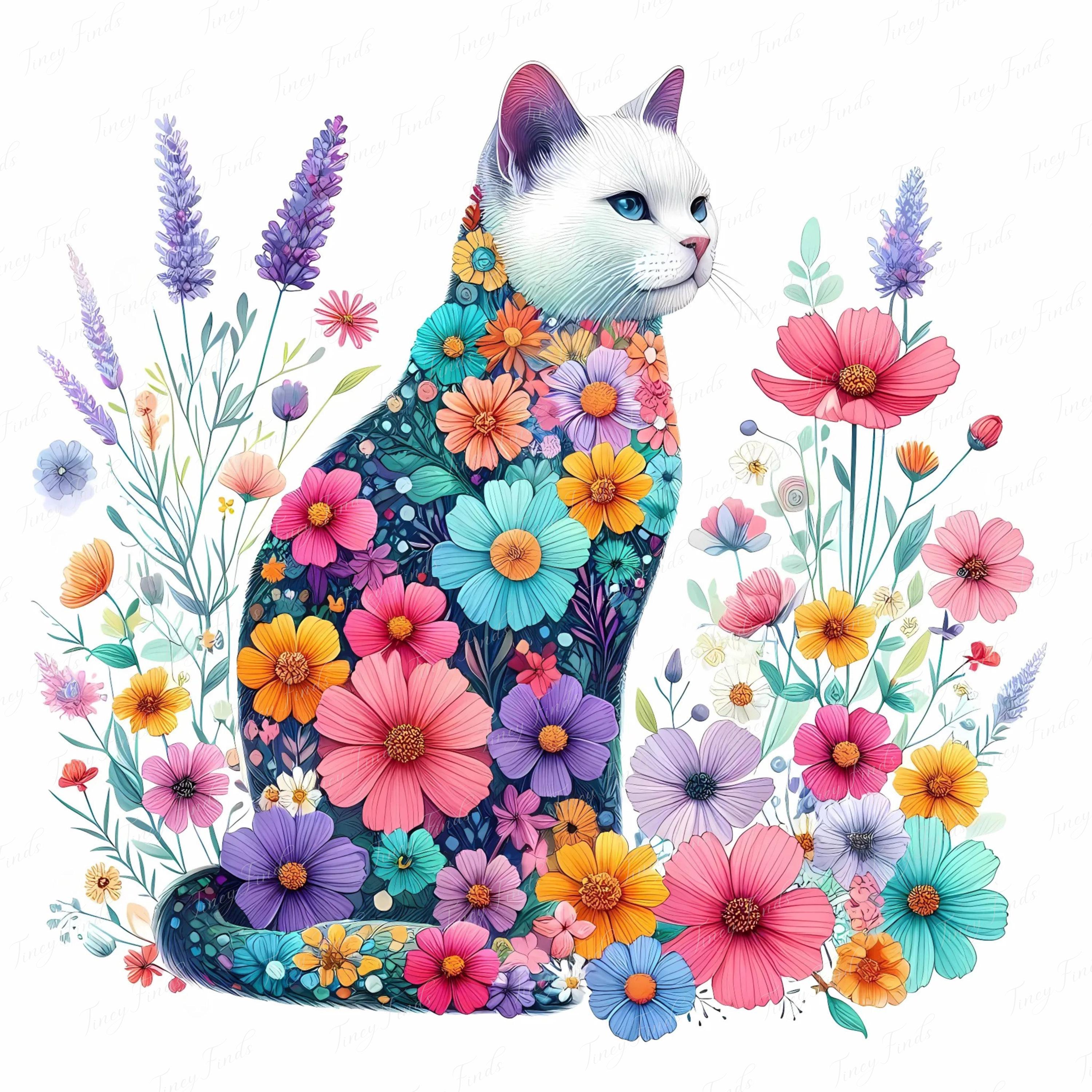 Floral Cat Clipart JPEG | Pastel Spring Flowers Cat Print | Cute Kitty ...
