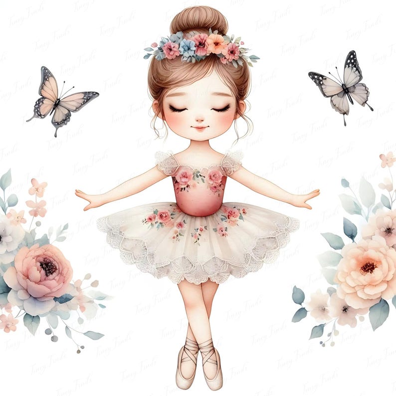 Vintage Ballerina Girl Clipart With Butterflies 12 JPEG | Floral Ballet ...