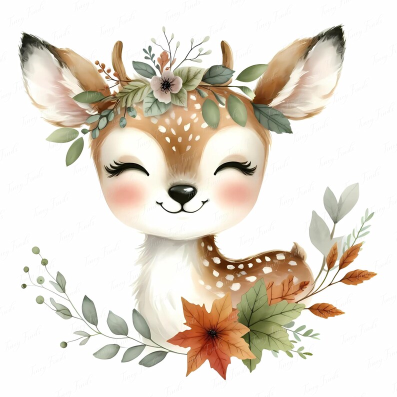 Woodland Baby Fawn Clipart JPEG | Cute Forest Deer With Leaves ...
