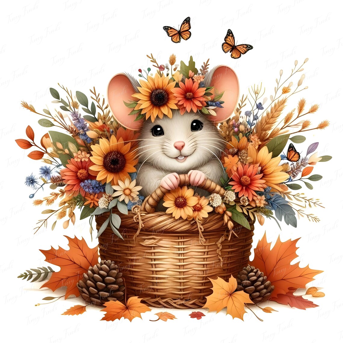 Floral Mouse Autumn Clipart Bundle: Wildflower Basket Graphics (10 JPEG ...